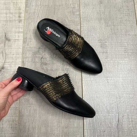 Anthropologie | Shoes | Anthropologie Antelope Black Gold Heeled Mules ...